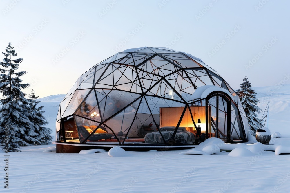Snow covered geodesic dome home in a winter landscape combining modern ...