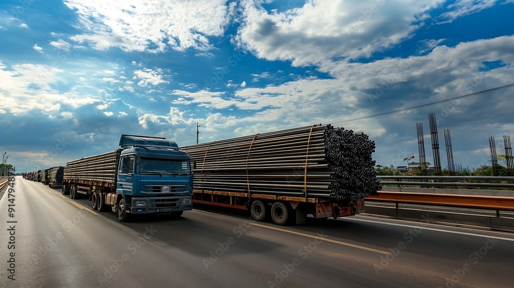 Trucks with long trailers carrying steel bars for building construction ...