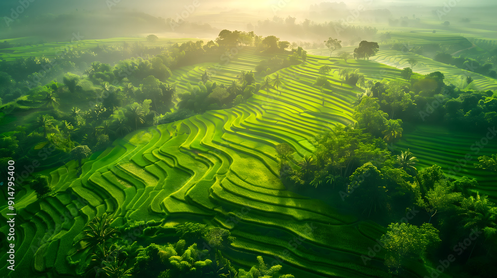 Aerial view of green rice field with trees in Thailand. Above view of ...