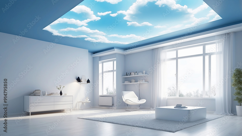 room where white and blue 3D clouds have been artistically integrated ...