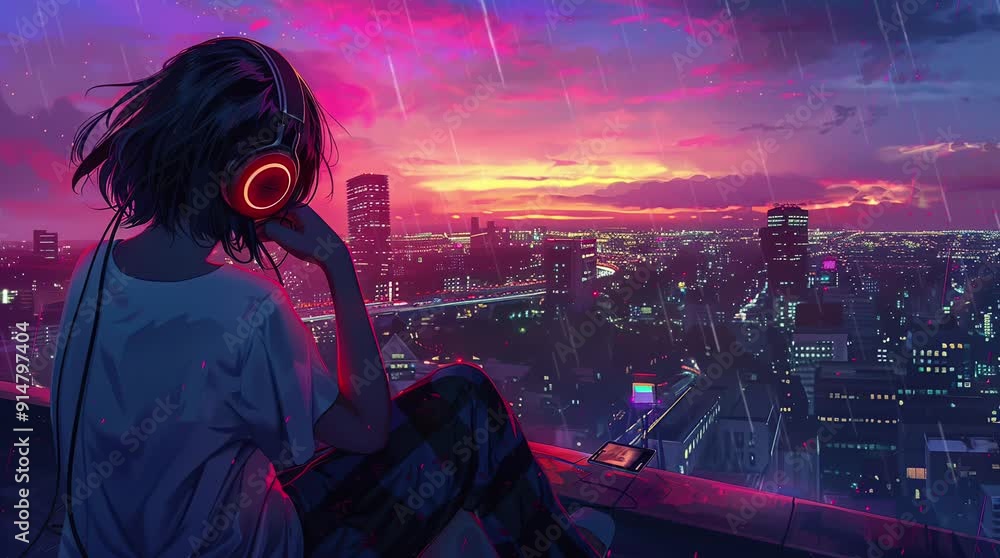 Anime girl listening to music while gazing at a cityscape, capturing a ...