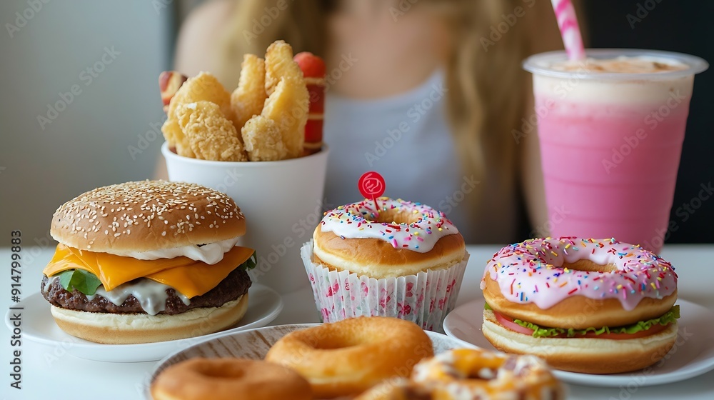 Binge eating disorder concept with woman eating fast food burger fired ...