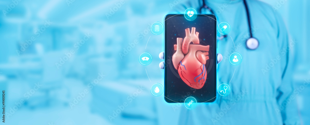 Doctor with tablet scans heart. Human heart is seen in focus ...