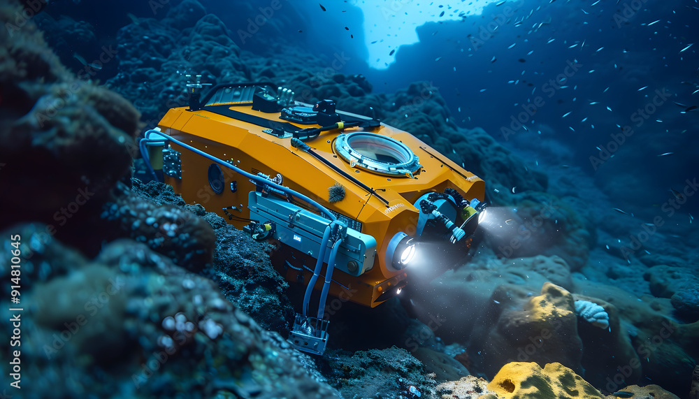 A submersible vehicle exploring the underwater world, its bright lights ...