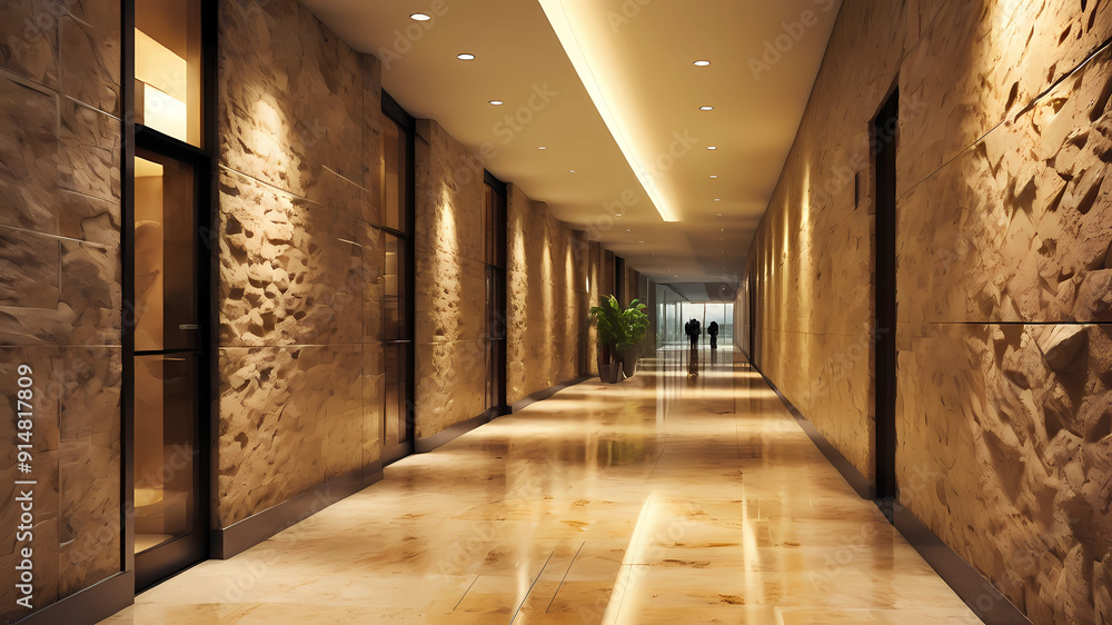 Airport corridor, one side of the corridor full height glass, one side ...