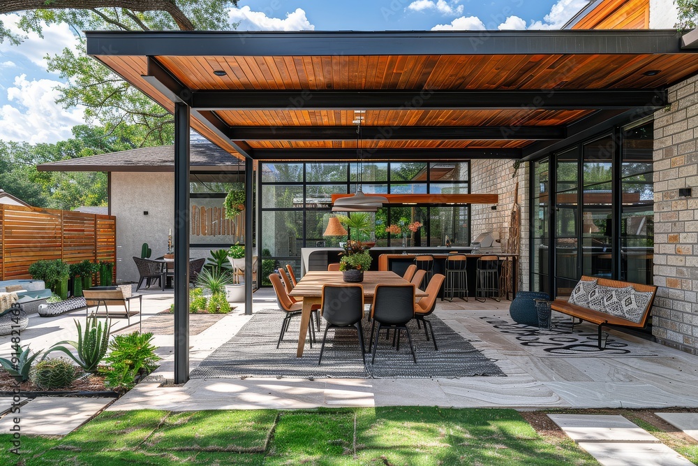 Mid-century modern outdoor dining area with wooden table and chairs ...