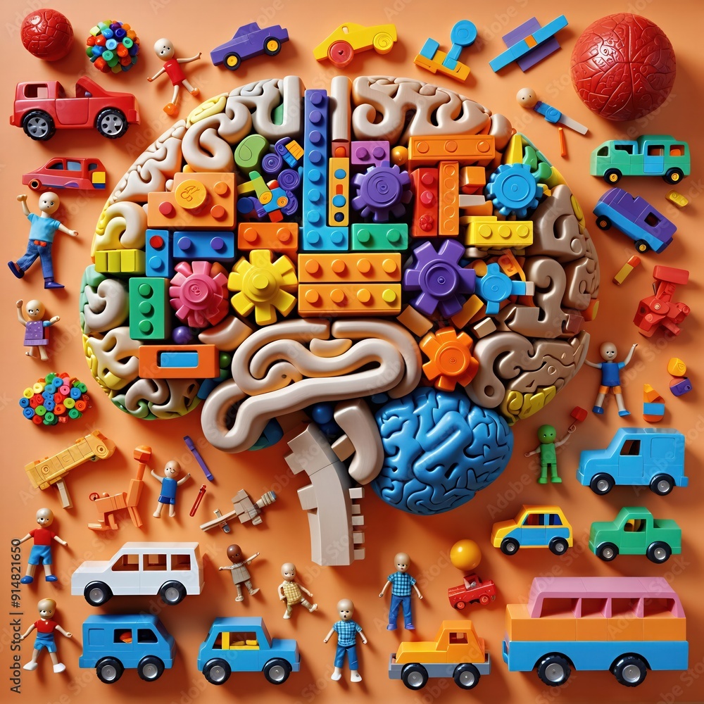 Cerebro conformado de muchos juguetes infantiles. representa la ...