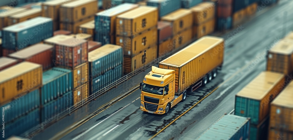 yellow big Industrial long hauler semi truck is driving down a road ...