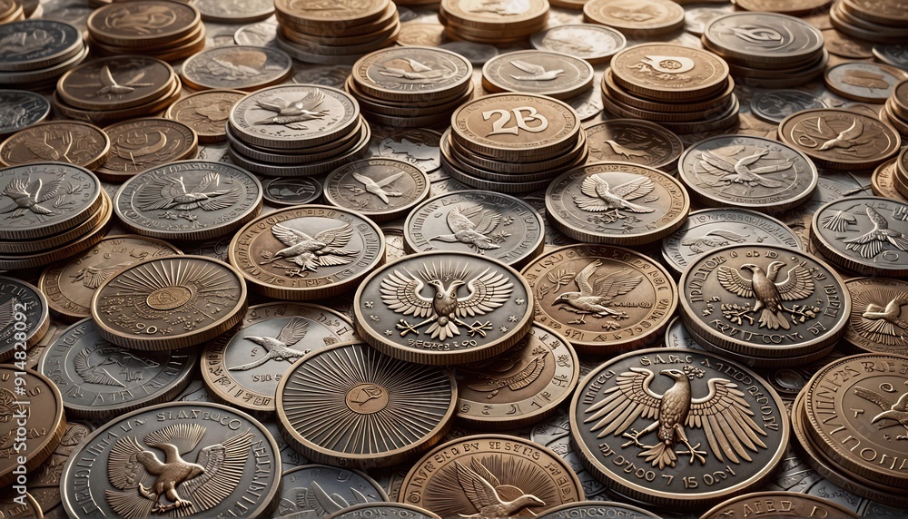 Muchas monedas en el fondo. Simboliza la economía mundial. Monedas de ...
