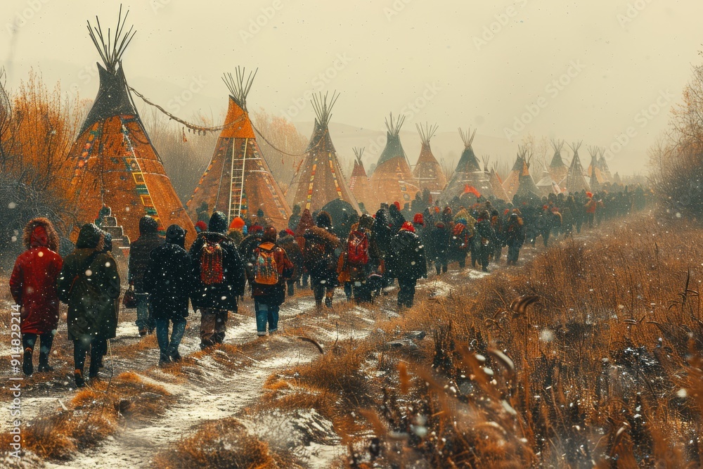 Winter march with soldiers in historical uniforms capturing a moment of ...