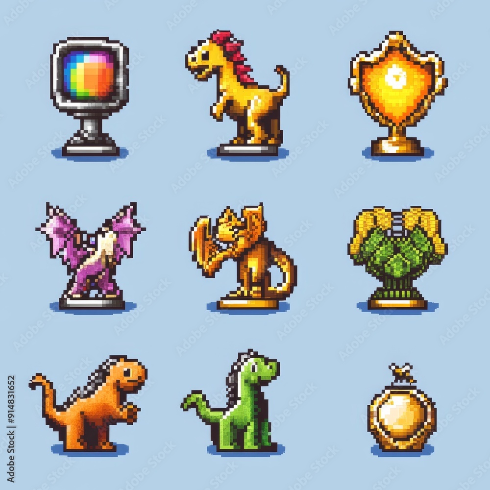 Retro Gaming Pixel Art: Nostalgic 8-Bit Icons and Characters. Colorful ...