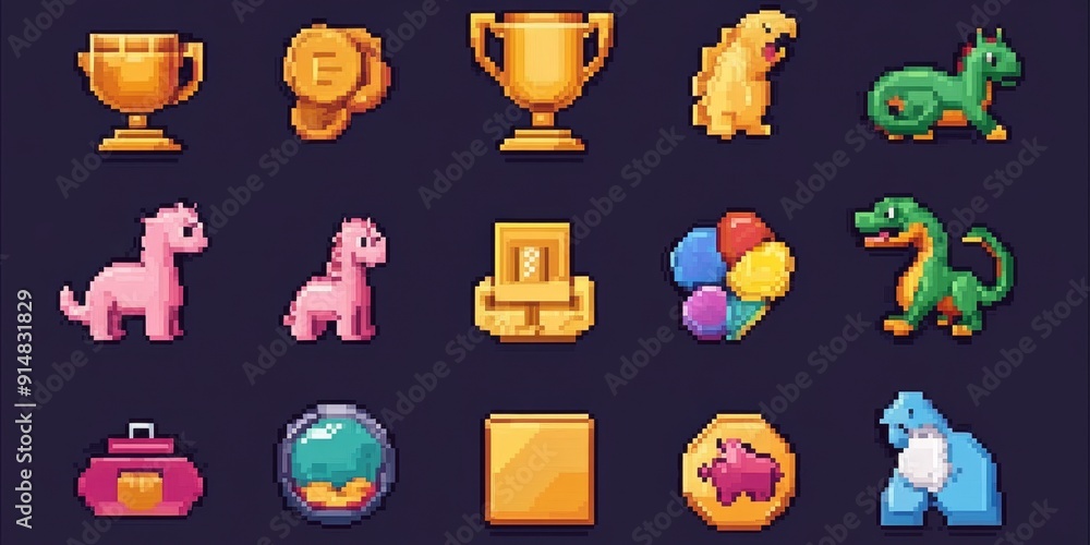 Retro Gaming Pixel Art: Nostalgic 8-Bit Icons and Characters. Colorful ...