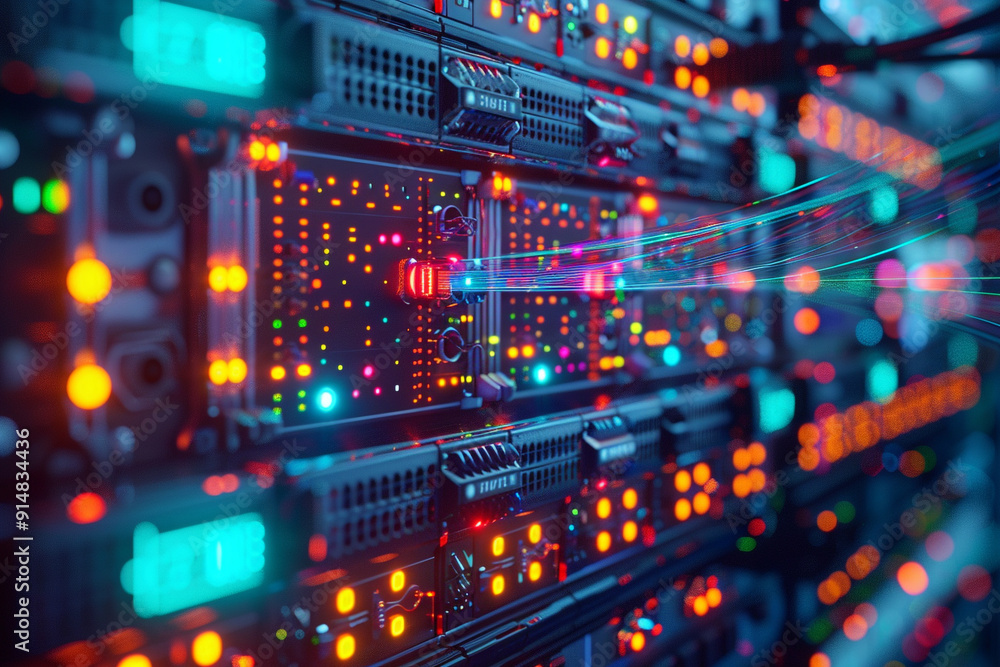 A dynamic abstract technology background showcases a network of optical ...