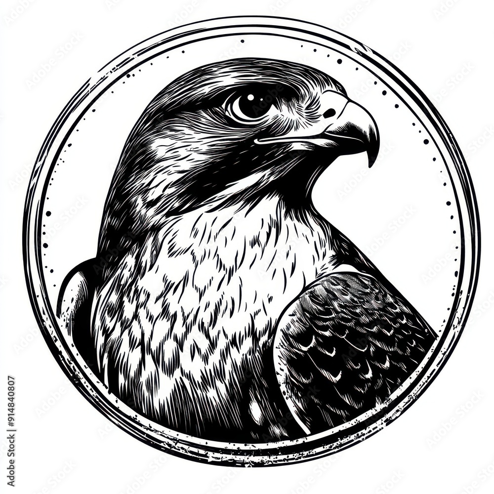 Black and white Vintage engraved art of a falcon in a circular stamp ...