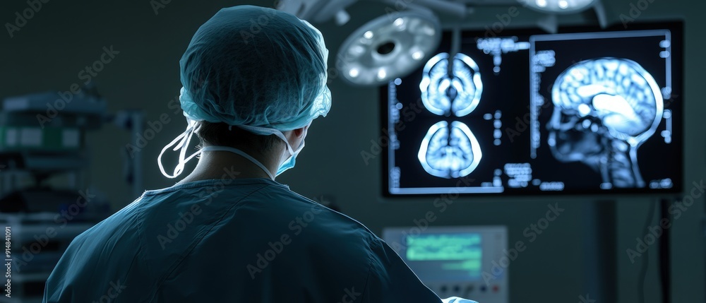 Doctor Examining Brain X-Ray Film in Operating Room from a Rear View ...