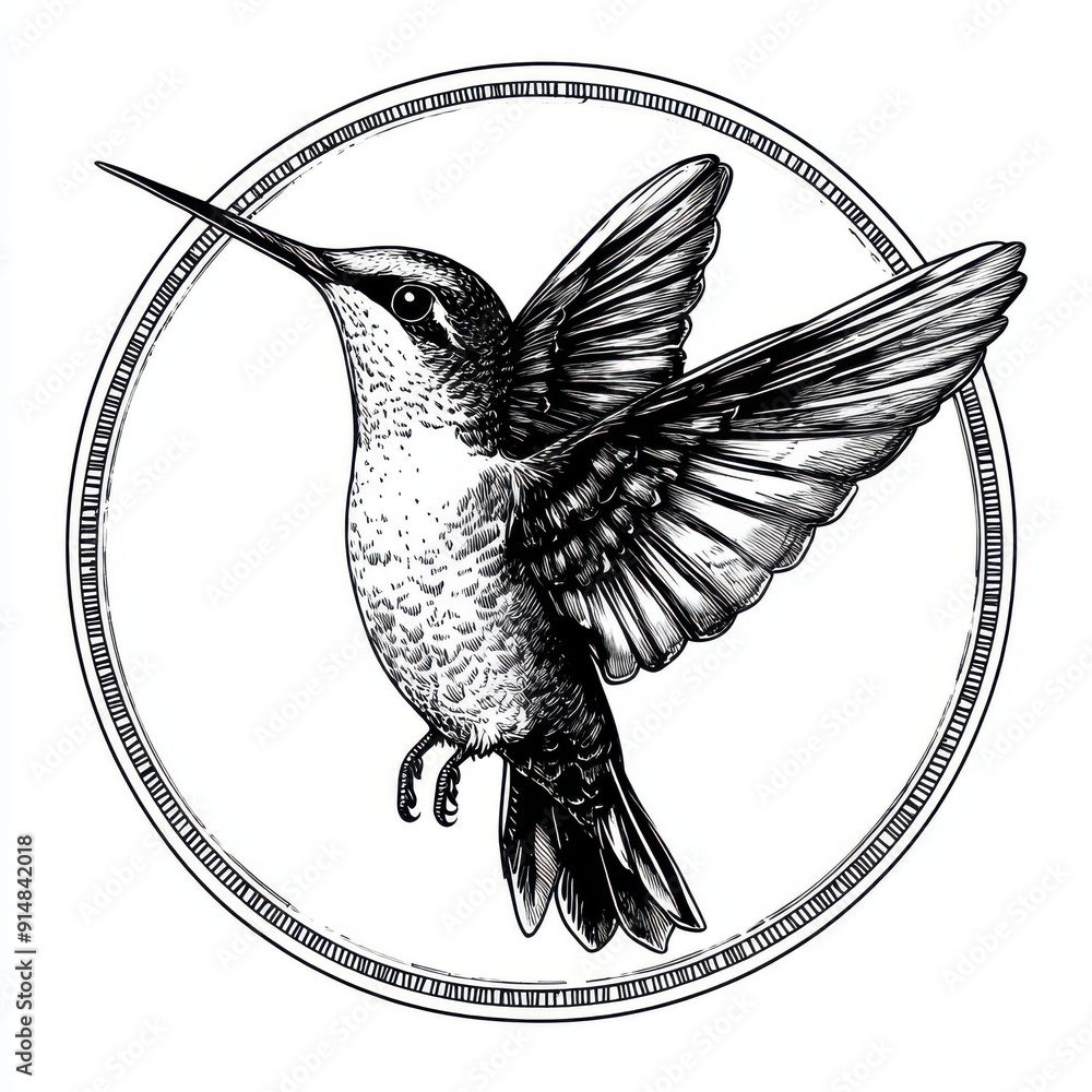 Black and white Vintage engraved art of a hummingbird in a circular ...
