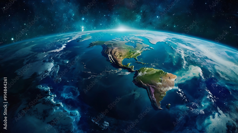 A shimmering nebula casting its colorful light across a barren planets ...