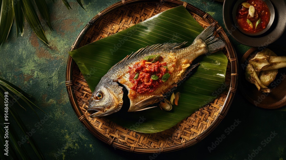 a fried Asian sea bass fish with a red sauce paste on top served with ...