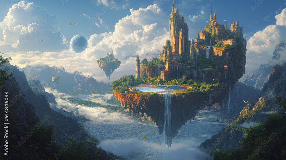 Depict a dreamlike scene with fantastical elements, such as floating ...