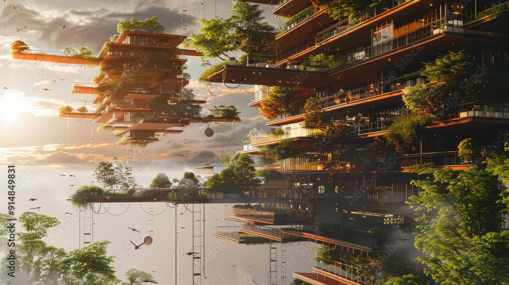 Floating architectural concept with interconnected buildings and sky ...