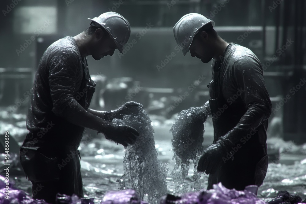 Black and white image of workers handling recycling materials capturing ...