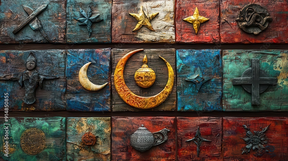 Artistic portrayal of overlapping symbols from different religions ...