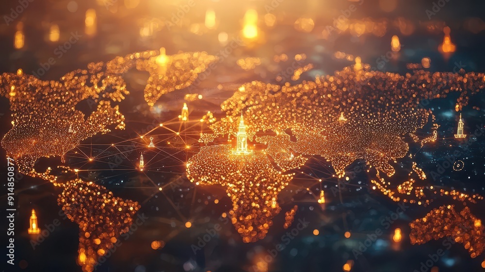 Global map with cultural and religious symbols interconnected by a ...