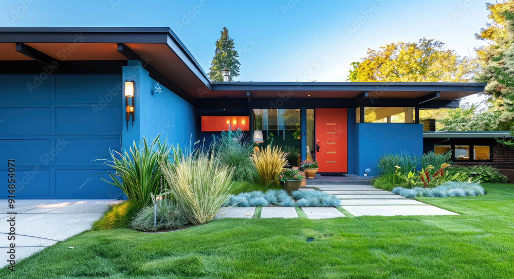 mid century modern home with blue colored walls, one wall is orange ...