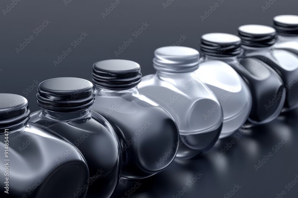 Rows of identical black plastic bottles illustrating the uniformity of ...