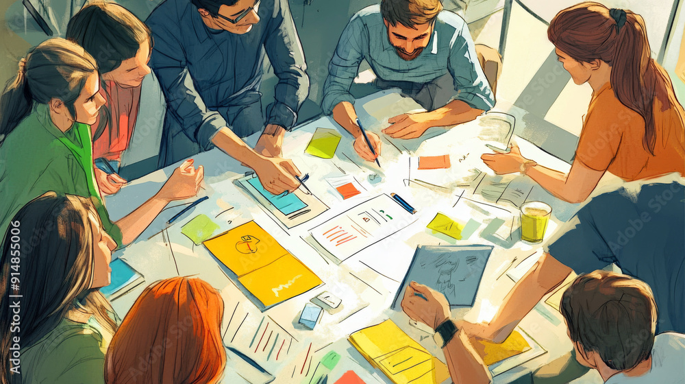 Depict a team working together on a project, brainstorming ideas, and ...