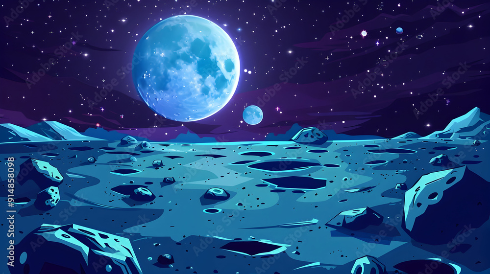 Moon surface landscape with craters and Earth on background cartoon ...
