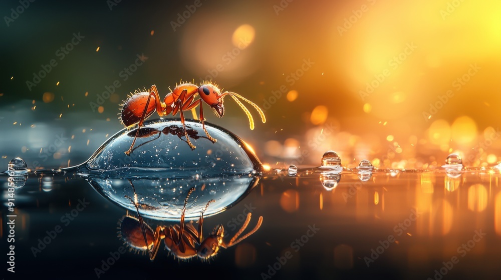 Detailed image of an ant on a water droplet, with nearby dew drops ...