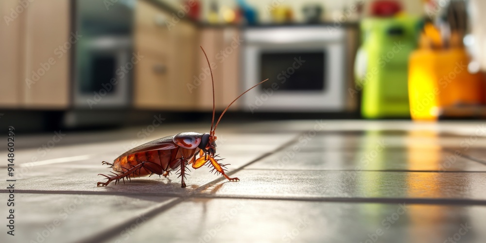 Up Close with a Cockroach on Kitchen Floor: A Blurry Modern Appliance ...