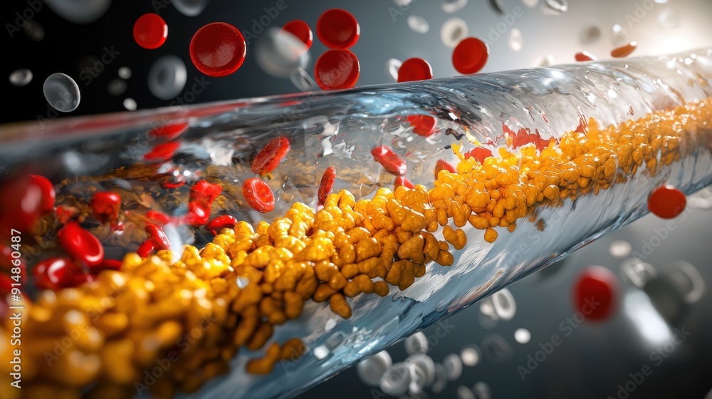 Close-up of a detailed cross-section of an artery showing plaque ...