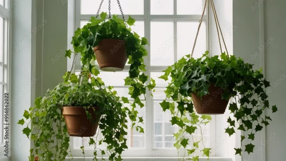 A hanging pot of cascading ivy in a bright, airy room with a white wall ...