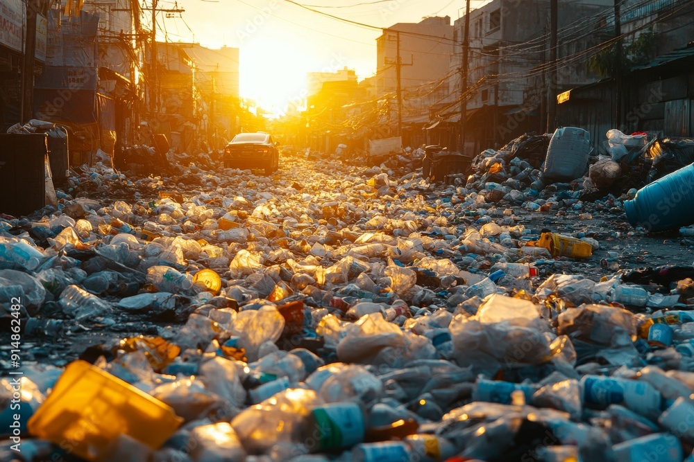 A densely packed alleyway overflowing with trash and waste reflecting ...