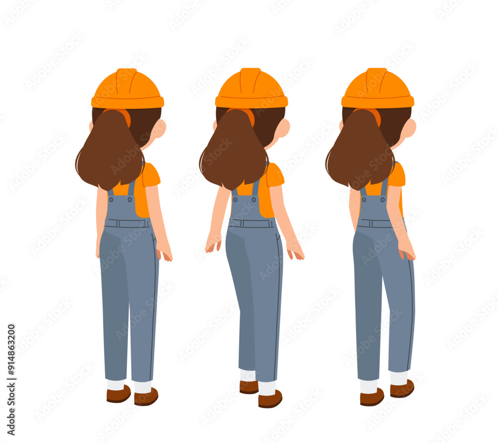 Female worker constructor. Woman in yellow hardhat back view. Kit for ...