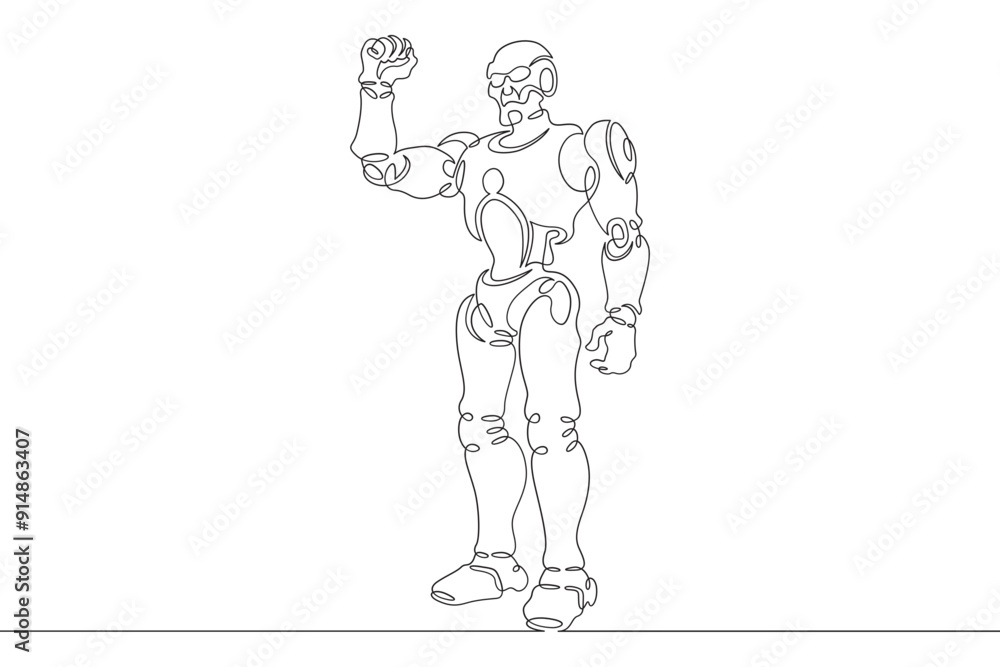 Robot with raised arm. Clenched fist of mechanical man. Robot android ...