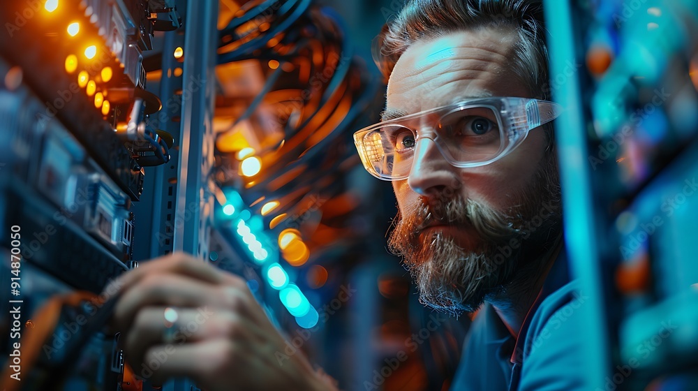 A high-tech photo of an engineer testing server power supplies, focused ...