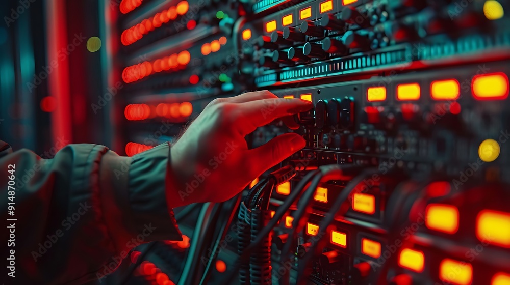 An engineer adjusting server settings on a control panel, front view ...