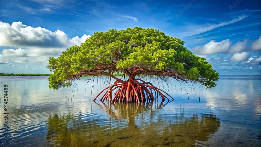 Red mangrove bush with stilt root arching above water surface, Red ...