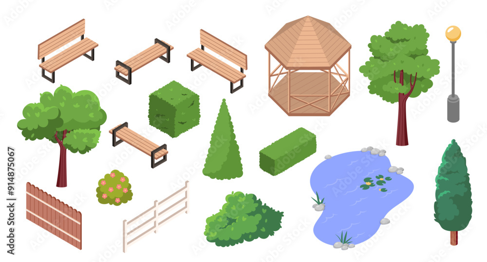 Isometric park set. Wooden benches, fences, bushes with flowers and ...
