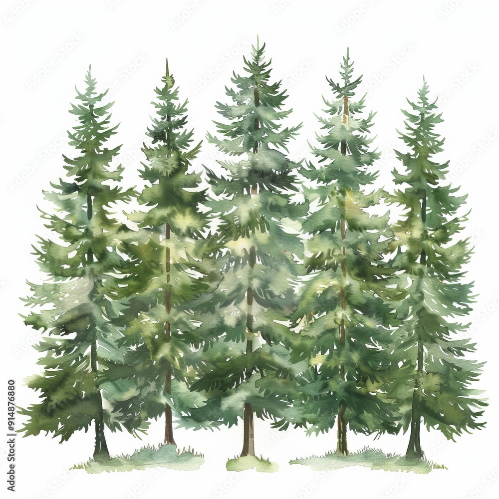 Watercolor painting of hemlock trees in the woods, on isolated white ...