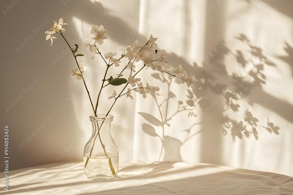 Still life photo of flowers in a glass vase on a table. Shadows from a window creating ...