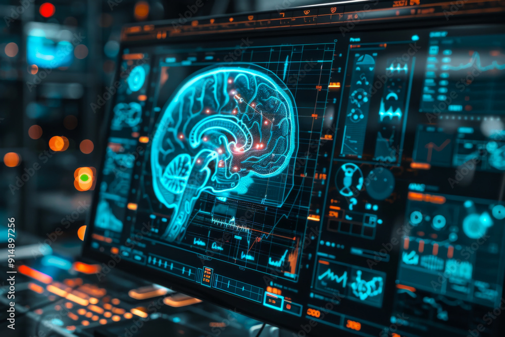 Cybernetic brain interface showing decreasing neural activity ...