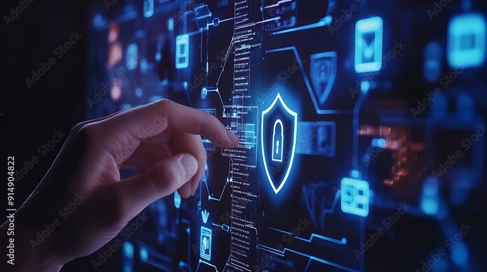 Cybersecurity and internet data protection are depicted with a person touching a virtual shield ...