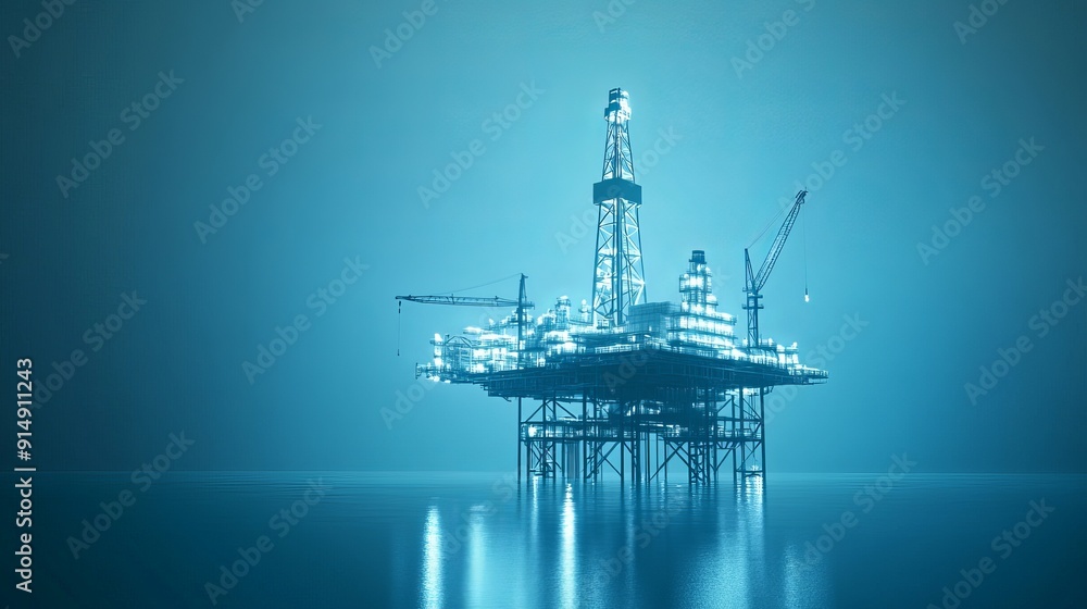 Oil rig depicted as an abstract 3D floating platform isolated on blue ...