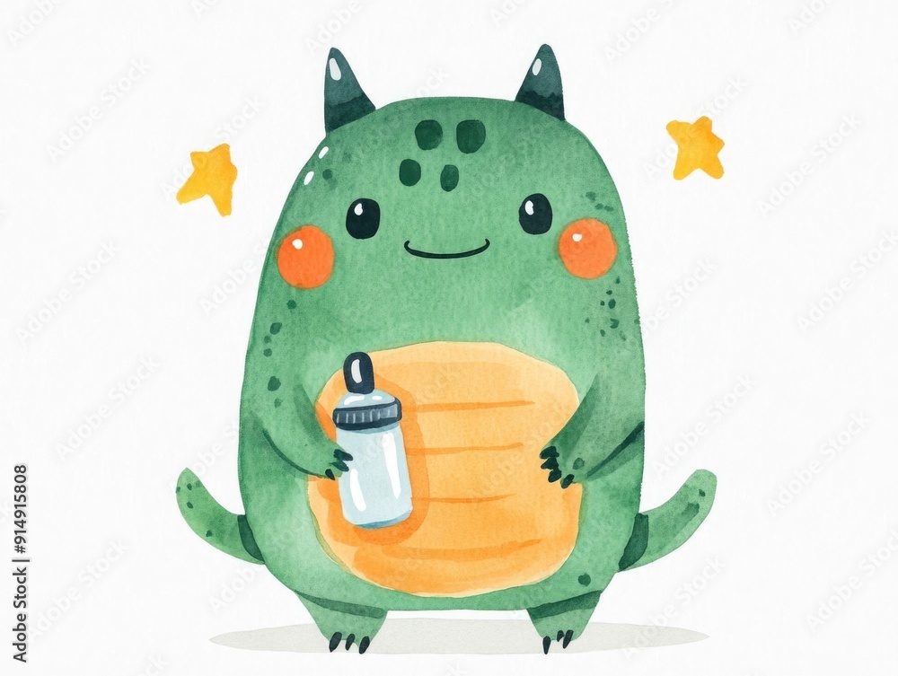 Cute and Whimsical Watercolor of a Happy Alien Character Feeding a Baby ...