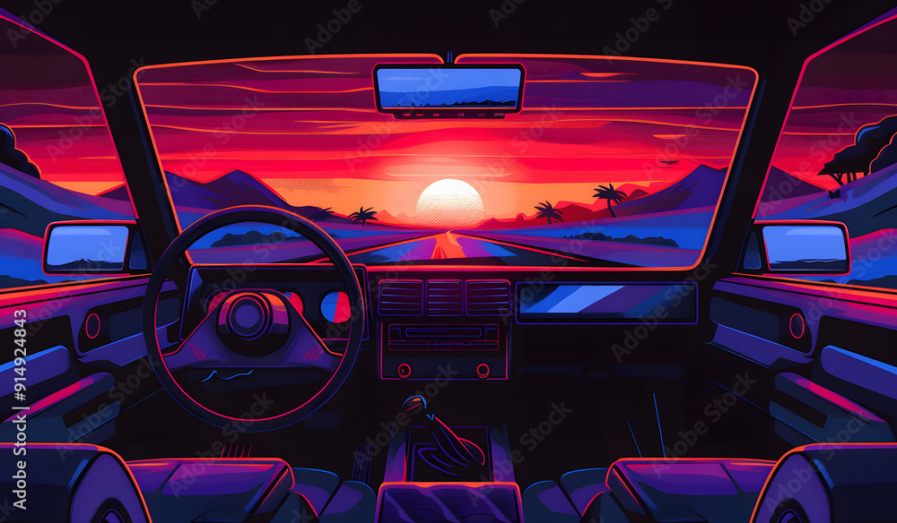 An 80s retro illustration of a car driving with a sunset view, exuding ...