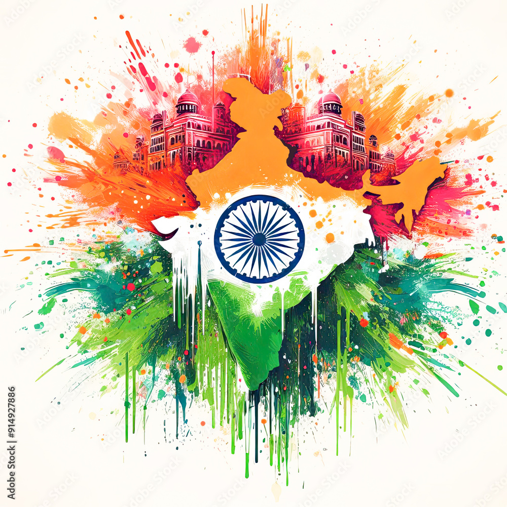 Indian tricolor flag with Indian map with ashoka chakra watercolor ...